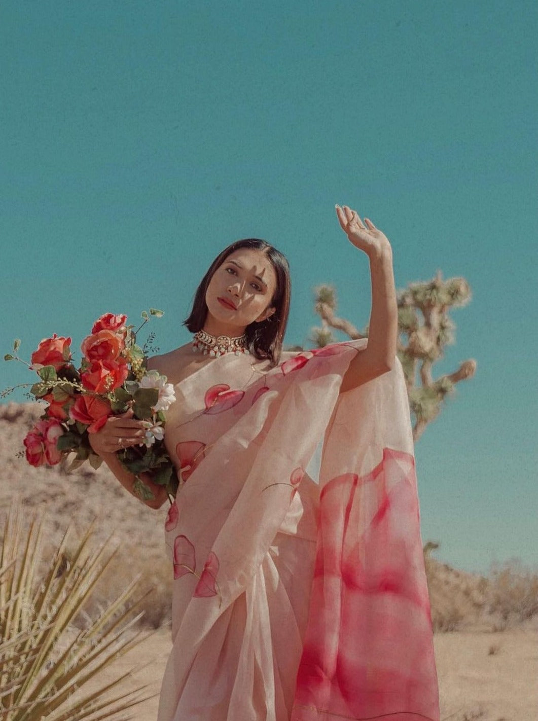 Flamingo flowers on Dull Rose Organza Saree – Picchika